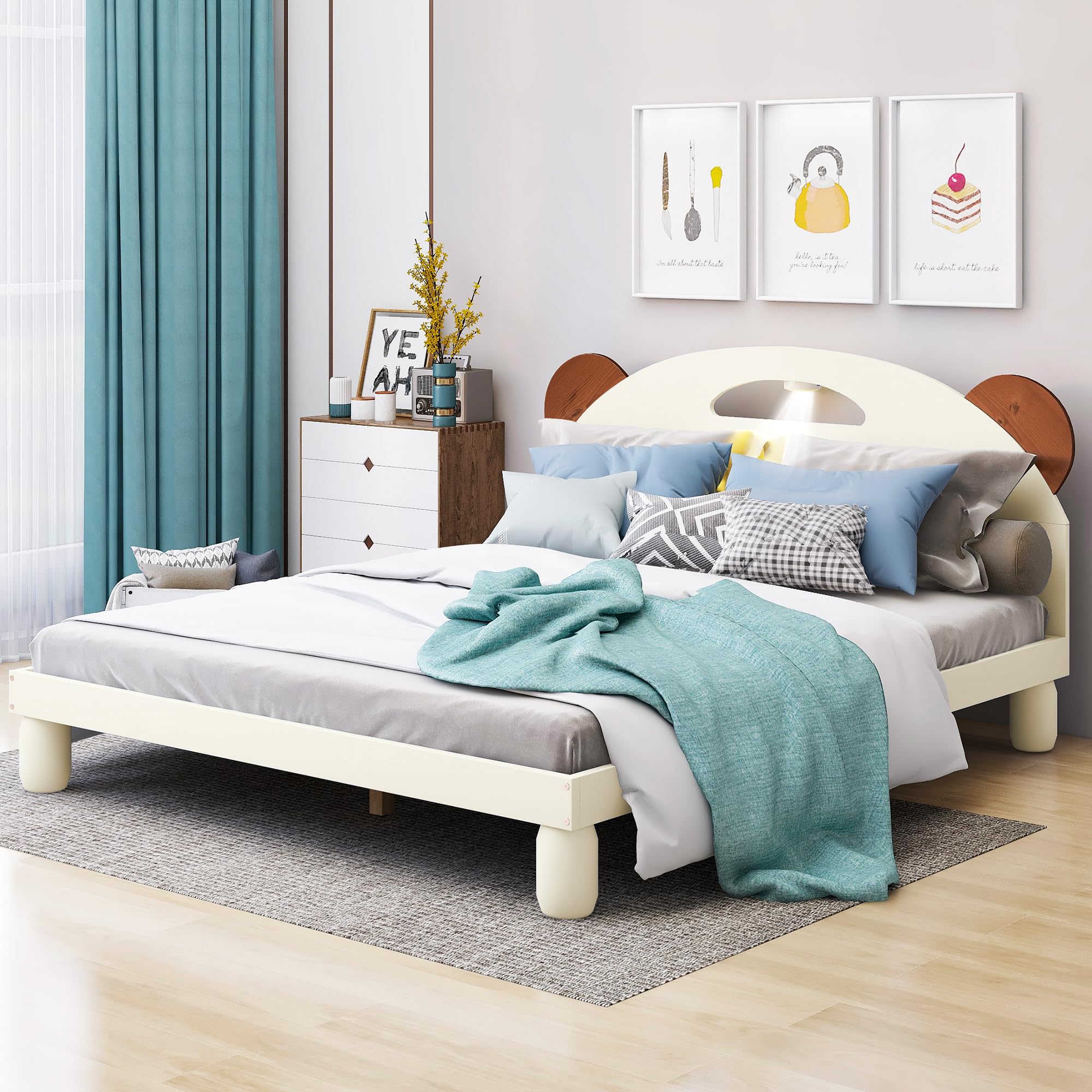 DOLPRNE Full Size Platform Bed with Bear Ears Shaped Headboard and LED for Kids Adults Bedroom,Cream, Creamy White