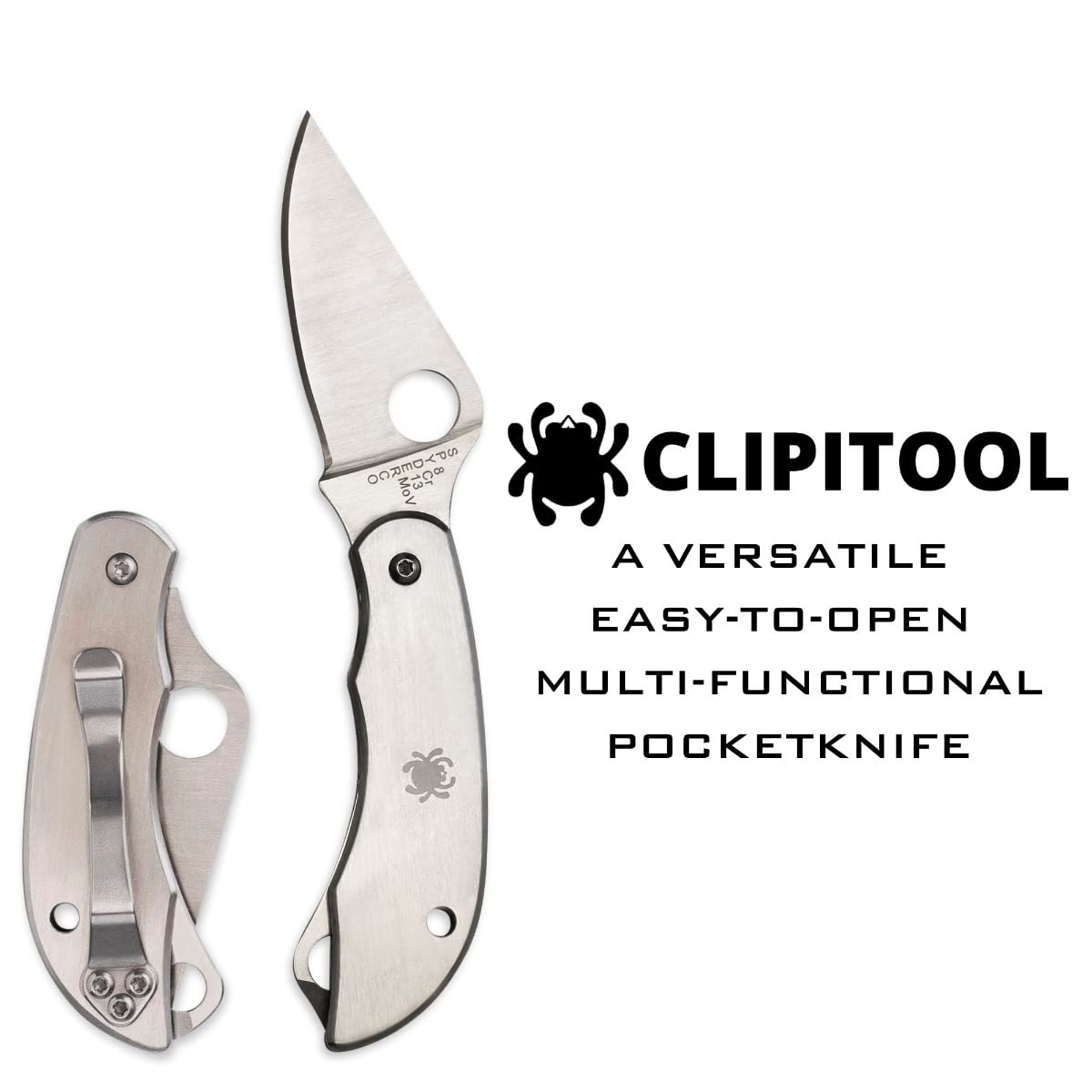 Spyderco ClipiTool Multi-Functional Stainless Steel Utility Pocket Knife with 2" Steel Blade and Screwdriver/Bottle Opener - PlainEdge - C175P