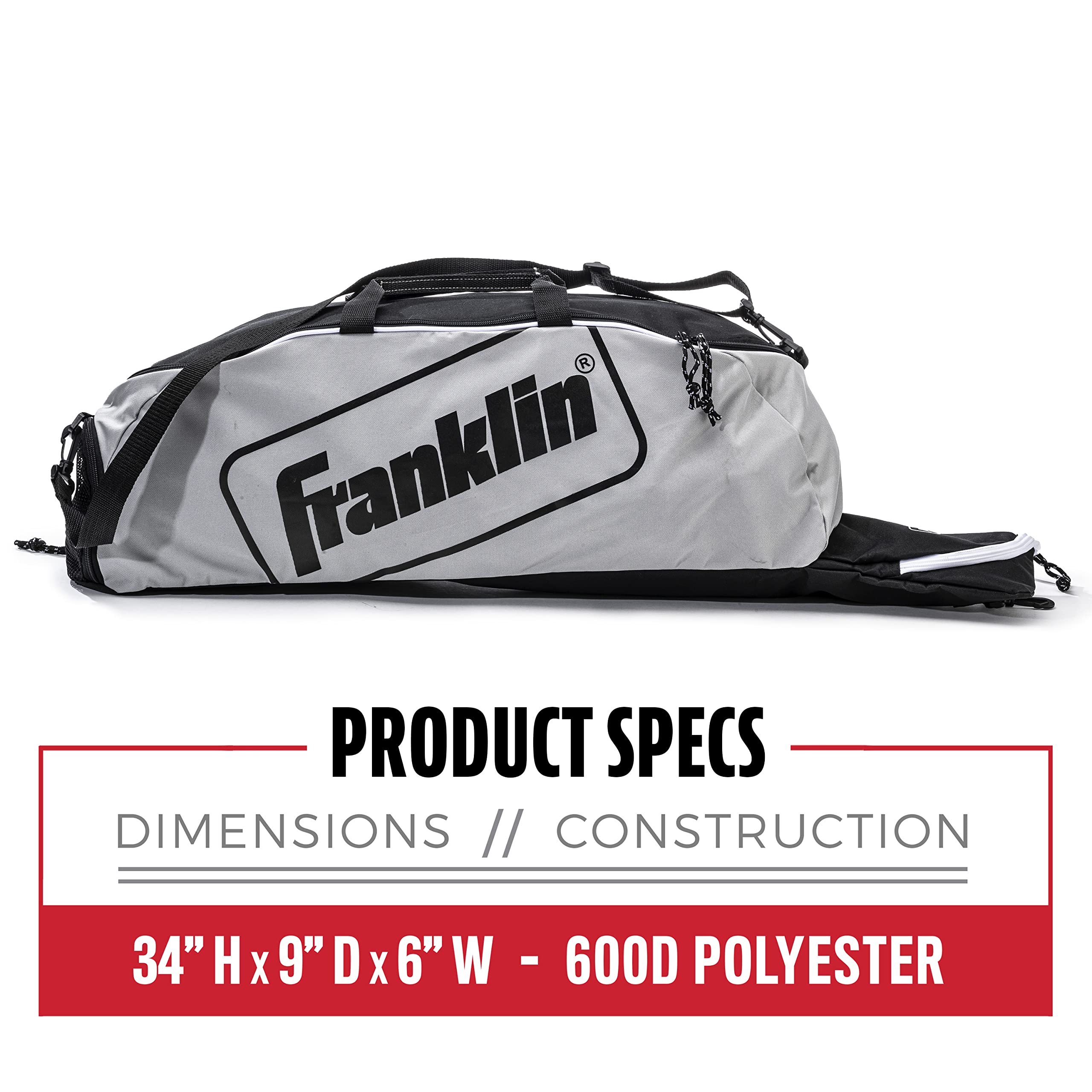 Franklin Sports Youth Baseball Bat Bag - Teeball, Softball, Baseball Equipment Bag - Holds (3) Bats, Helmet, Cleats + More - Includes Fence Hook - Gray