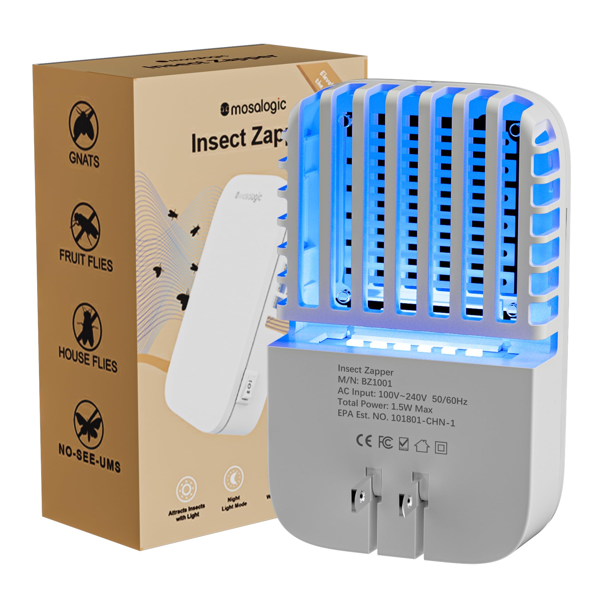Mosalogic Bug Zapper Electric Indoor Fly Zappers Plug-in Flying Insect Killer, 2200v Fly Swatter with Night Light for House Use, Compact UVA Fly Killer for Flying Insects, Gnats, Moths, Flies 1pack