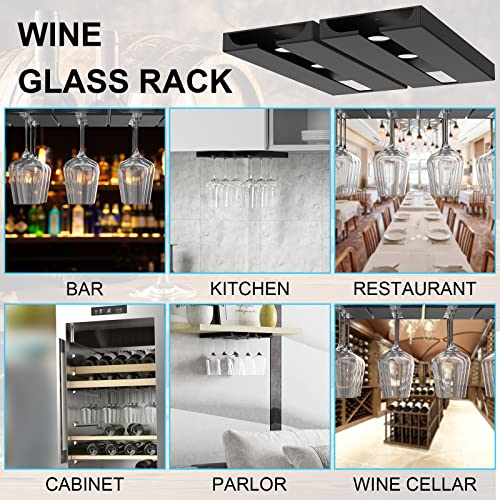 Wine Glass Rack - Under Cabinet Stemware Rack, Wine Glass Holder Glass Storage Hanger for Bar, kitchen, Dining Room (Black 2 Pcs Set)