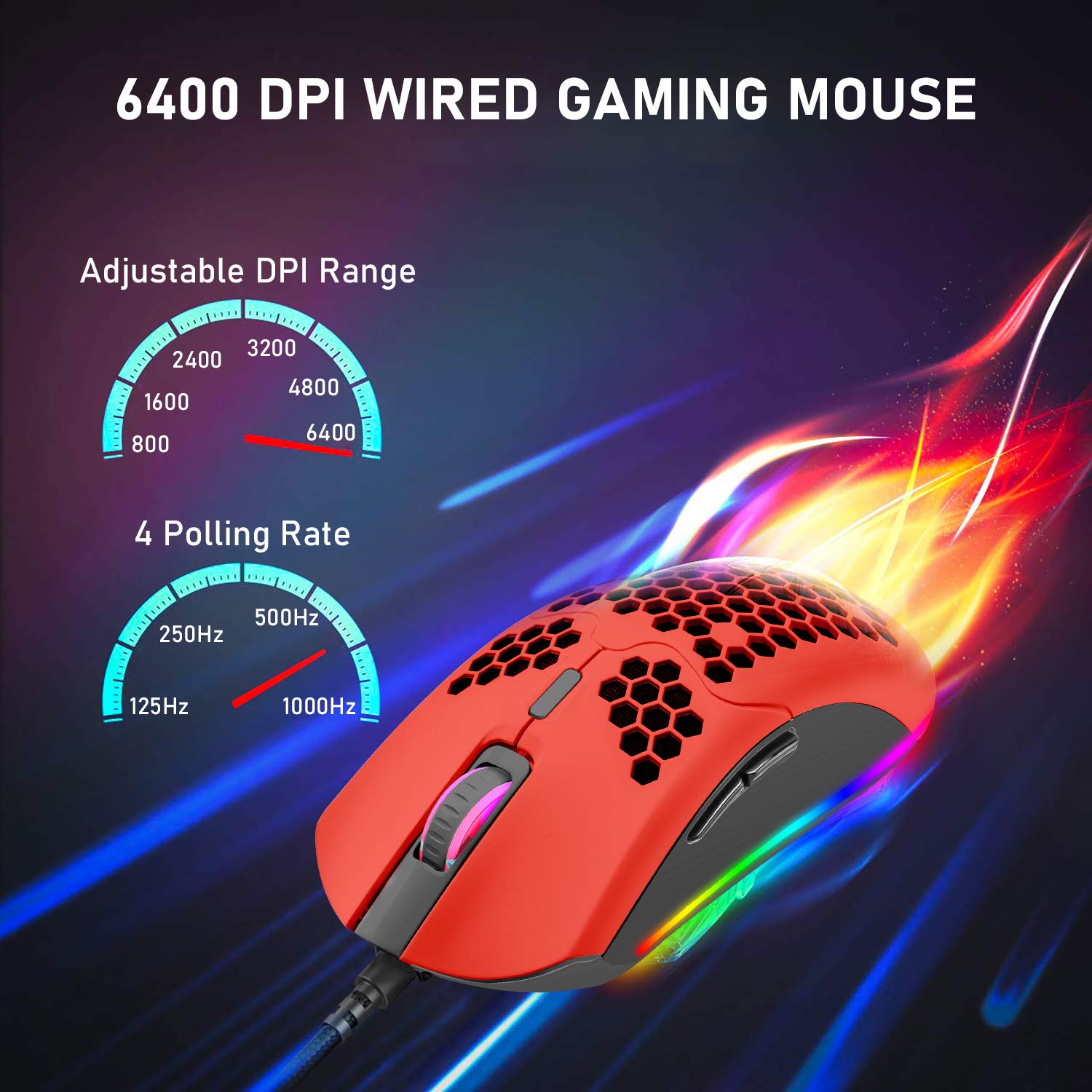 FELICON Wired Lightweight Gaming Mouse, 6400DPI Backlit Mice with 7 Buttons Programmable Driver,Ultralight Honeycomb Shell Ultraweave Cable Mouse Compatible with PC Gamers and Xbox and PS4 Users(Red)