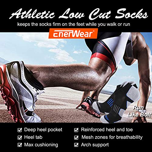 Enerwear 8P Unisex Arch Support Athletic Running Low Cut Sport Socks (7-8.5, Black-Blue Grey Stripe)