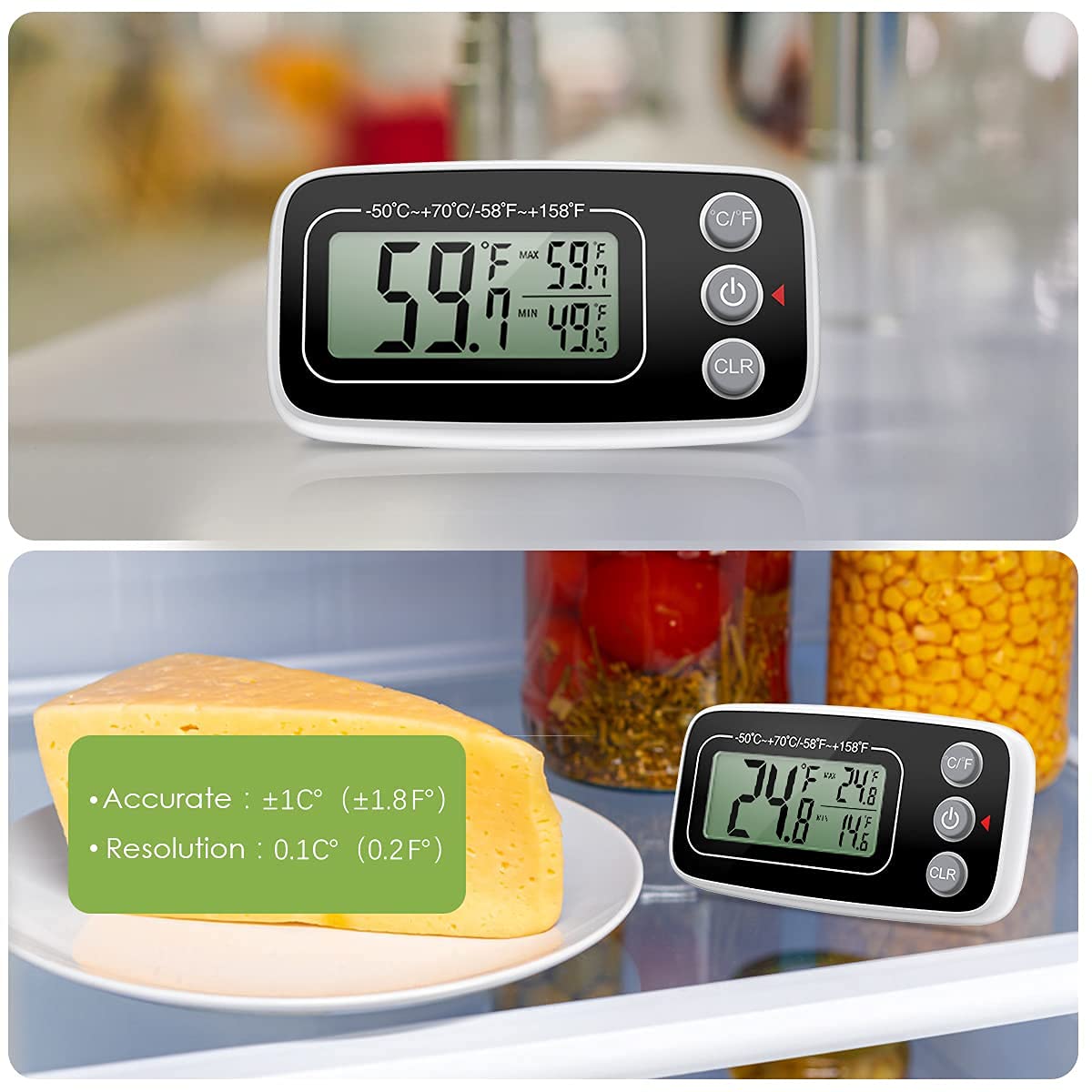 KeeKit Refrigerator Thermometer, 4 Pack Digital Freezer Thermometer, Upgraded Fridge Thermometer with Large LCD Display, Max/Min Record Function for Kitchen, Home, Restaurants - Black