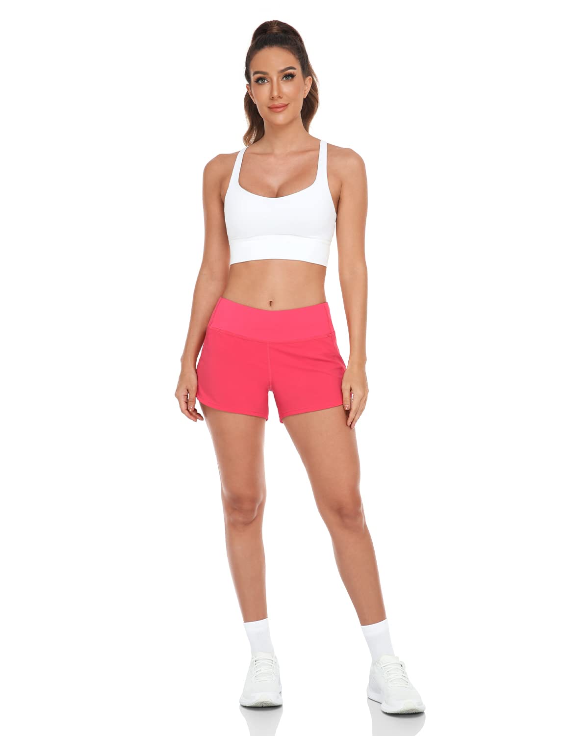 HeyNuts Focus Running Shorts for Women, Mid Waisted Athletic Shorts with Liner Workout Shorts with Zipper Pocket 4'' Hot Pink M(8/10)