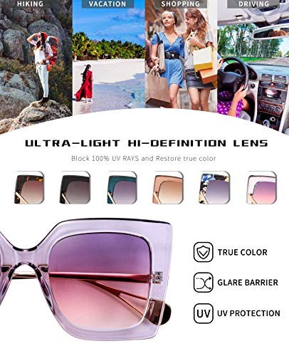 FEISEDY Sunglasses Womens Trendy, Oversized Square Shades, Pearl Inlay Cat Eye Frame UV400 Protection B2625,Clear Purple/Purple Pink