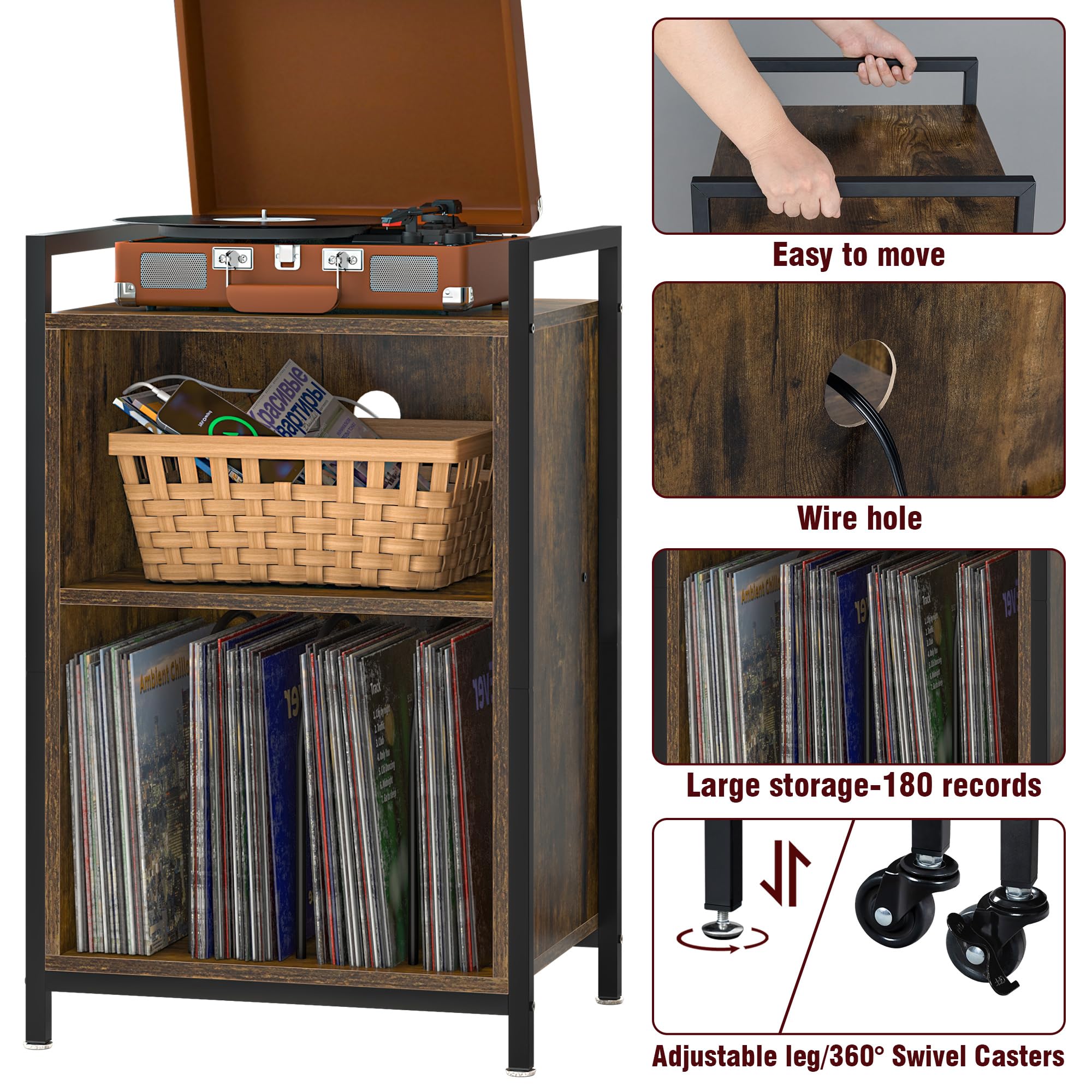 Entrintou Record Player Stand, Mid Century Turntable Stand, 3-Shelf Vinyl Record Holder with Vinyl Record Storage, Rustic Brown Record Player Table Cabinet with Handle for Living Room, Bedroom, Office