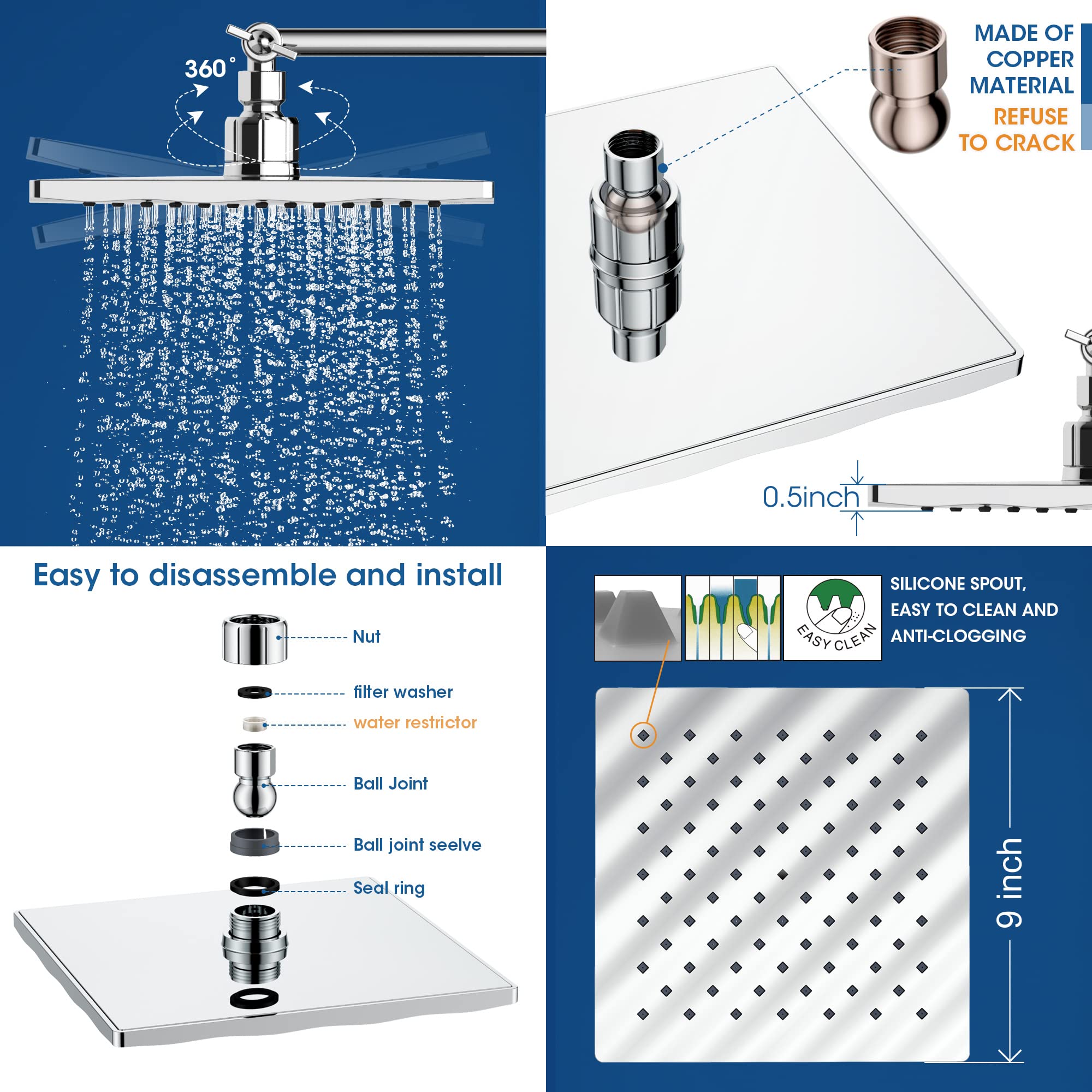 High Pressure 9'' Rainfall Shower Head With Handheld Combo, 10-Setting Handheld Shower Head Built-In Power Wash, 11'' Extension Arm Height/Angle Adjustable With Holder & 60" Hose - Polished Chrome