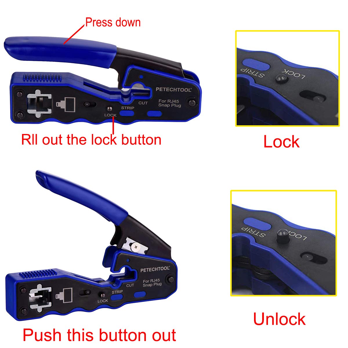 RJ45 Crimp Tool Kit All-in-one Ethernet Crimping Tool Wire Crimper Stripper Cutter for Cat5e Cat6 Cat6a Pass Thrugh Connectors with 10 pieces Cat6 Connectors and 1 piece mini wire stripper