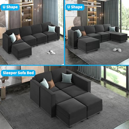 Mjkone Modular Sectional Sofa with Adjustable Armrest and Backrest for Living Room,U Shaped Couch 6 Seater Convertible Sectional Couch with Storage Ottoman -Dark Grey