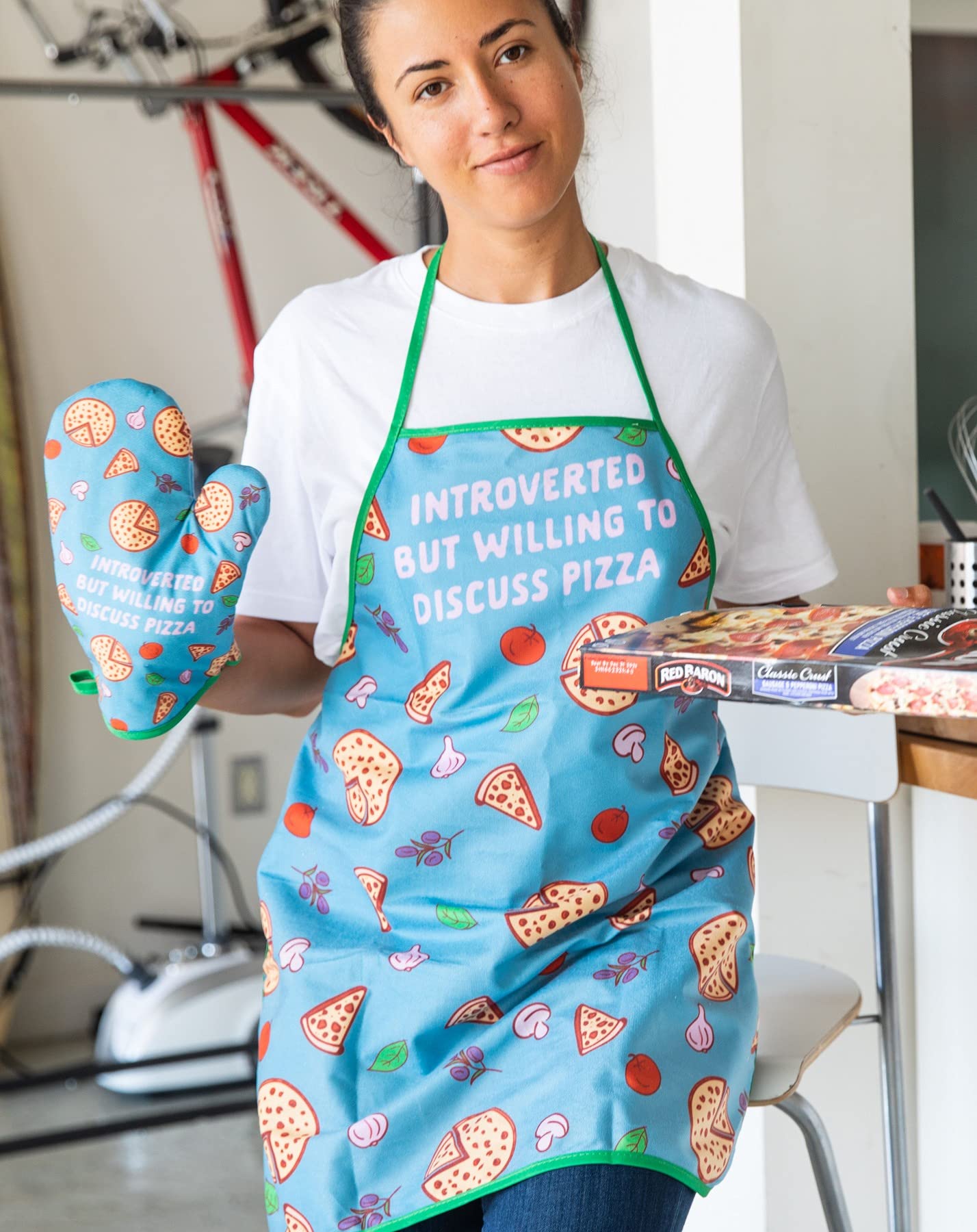 Introverted But Willing To Discuss Pizza Funny Baking Cooking Graphic Kitchen Accessories Funny Graphic Kitchenwear Funny Food Novelty Cookware Blue Oven Mitt
