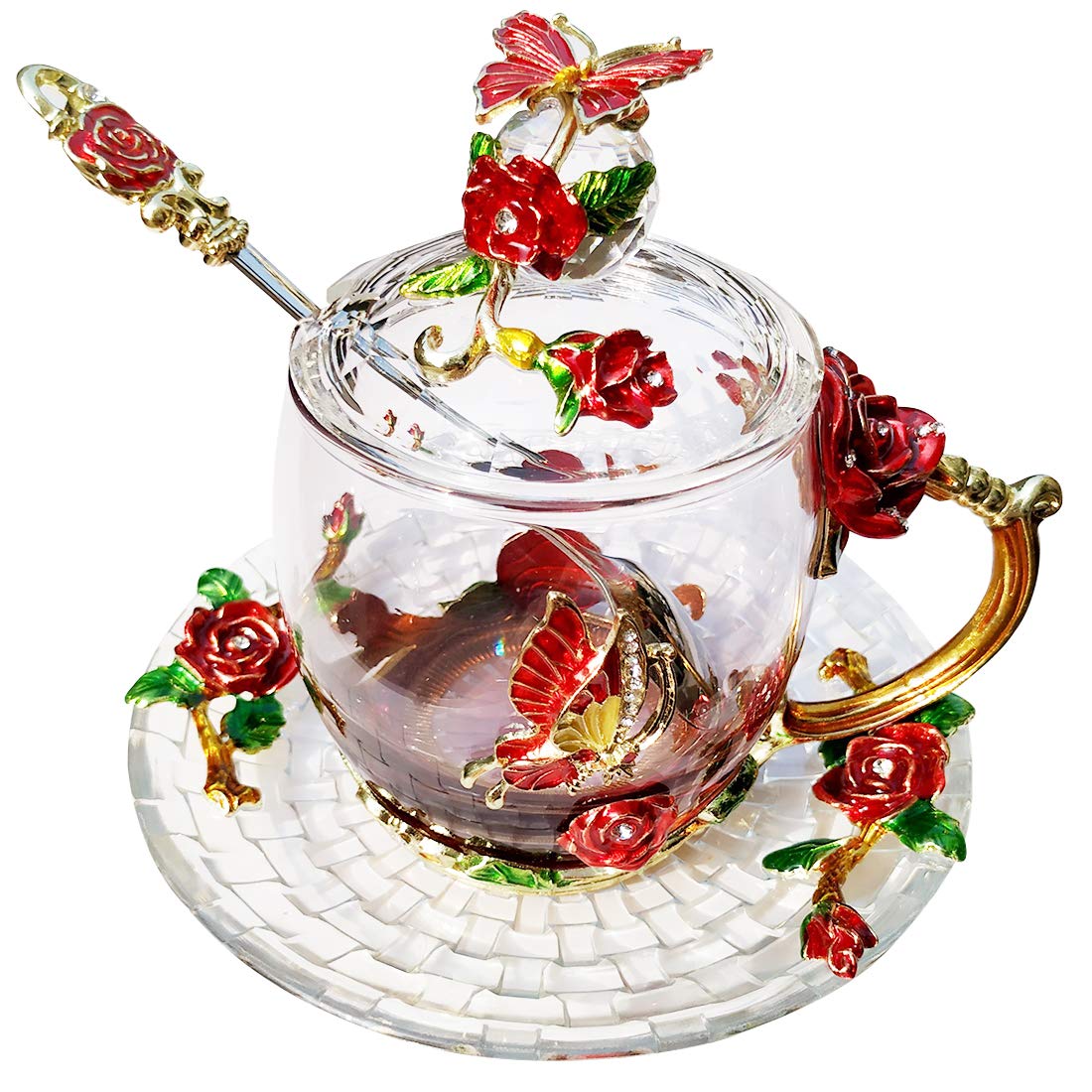 LANTREE Crystal Tea Cup Coffee Mug with Lid Saucer Spoon Birthday for Women Friends Female Grandma Mum Sister Home Decoration(Short Red)