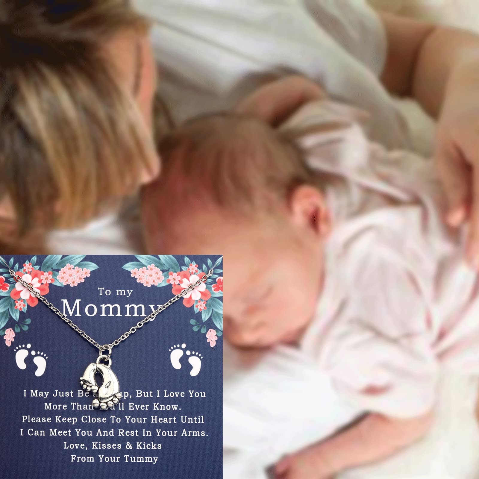 WSNANG First Time Mom Pregnancy Gift Necklace with Message Card Feet Footprints Pendant Necklace for Expecting Mom (Feet Bump NL Card)
