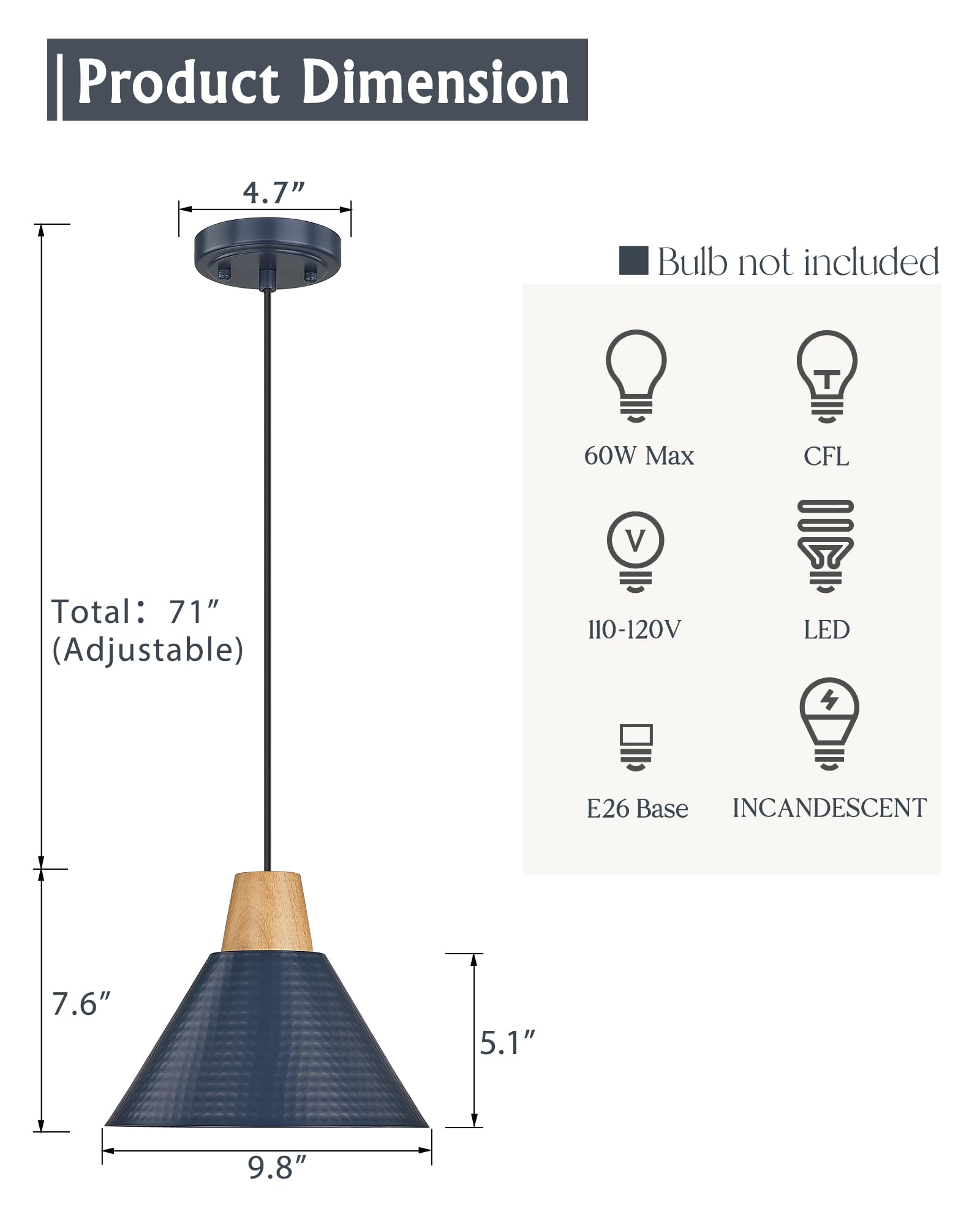 FEMILA Solid Wood Pendant Light fixtures, Pendant Lights Kitchen Island, 10" Blue Pendant Light with Hammered Metal Shade, Gold Inside, 4FG59MIL-L BL+WD