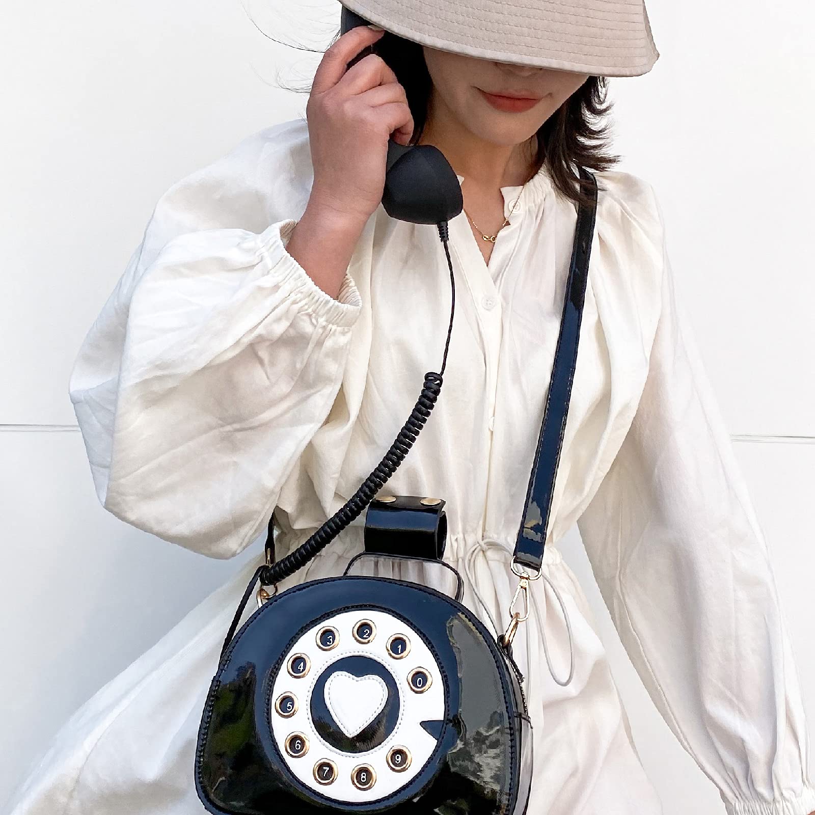 Fozehlad Novelty Telephone Shaped Shoulder Bag Funny Retro Phone Crossbody Bag Totes Chain Purse(Patent Leather,Black)