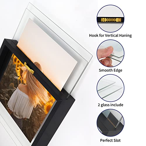 WIFTREY Black 8x10 Floating Picture Frame 2 Pack, Double Glass Distressed Floating Photo Frame for Tabletop or Wall Mount, Displays Photo up to 10x12