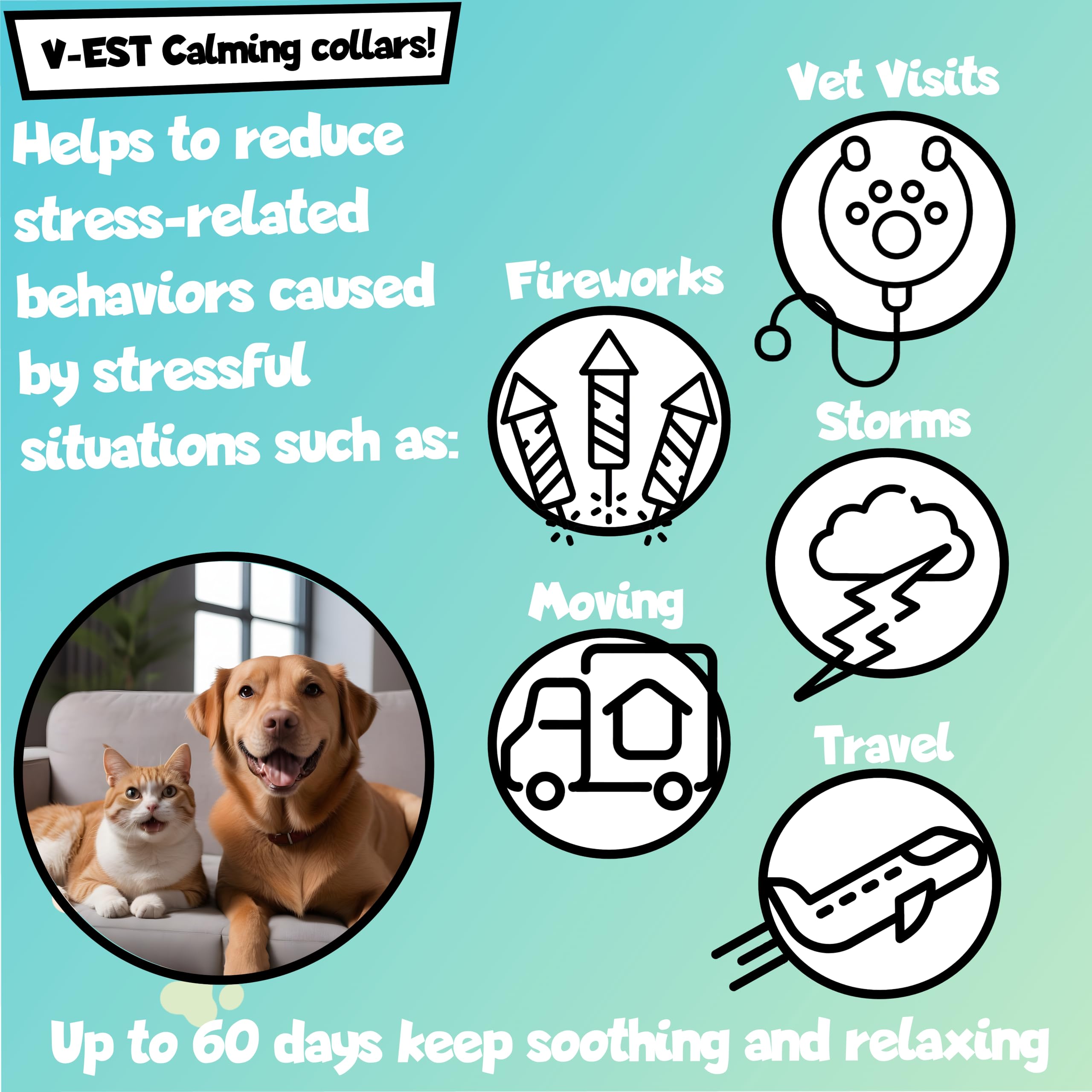 V-EST Calming Collar for Small Dogs and Cats with Pheromones, Reduce Separation Anxiety, 60-Day, Adjustable Size 15in Black