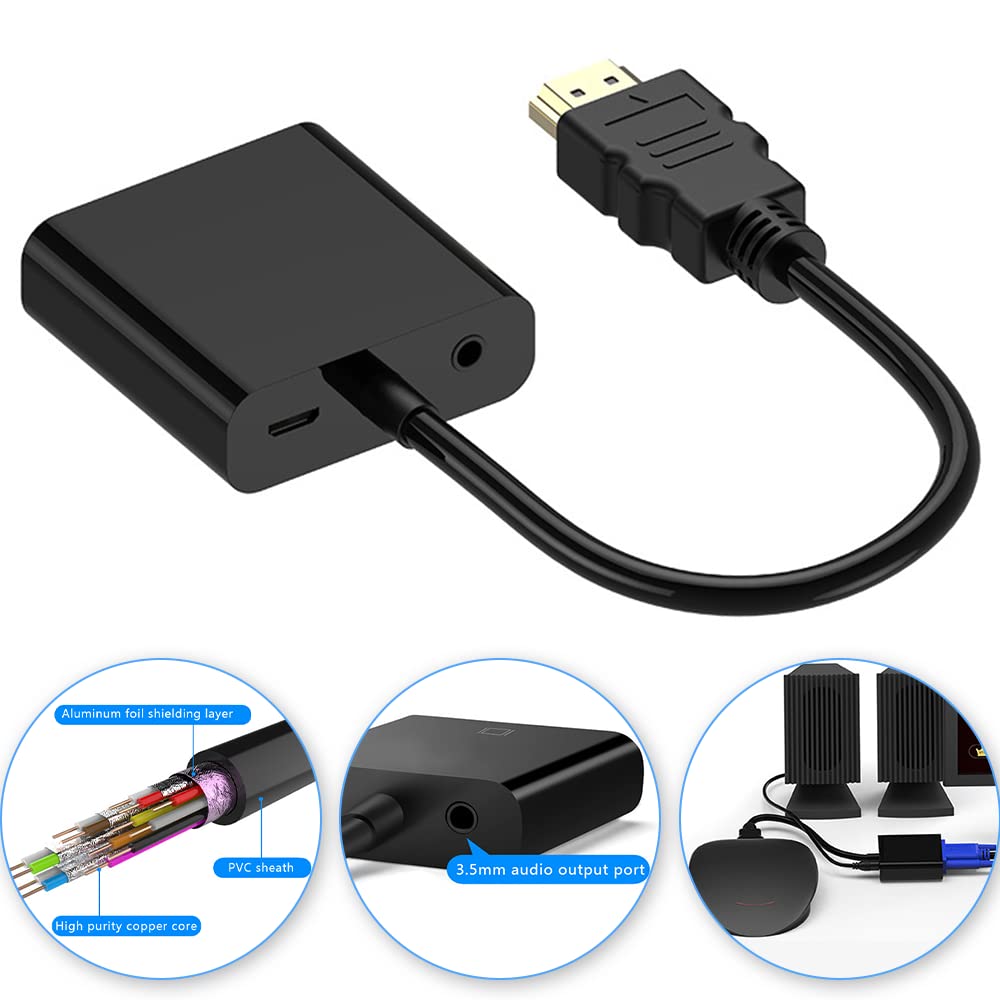 LSJNHMJY Black Hdmi Splitter for Dualmonitors Extended Display HD Adapter with Audio Power Cable 1080P Computer Hdmi to VGA HD Converter for Computer