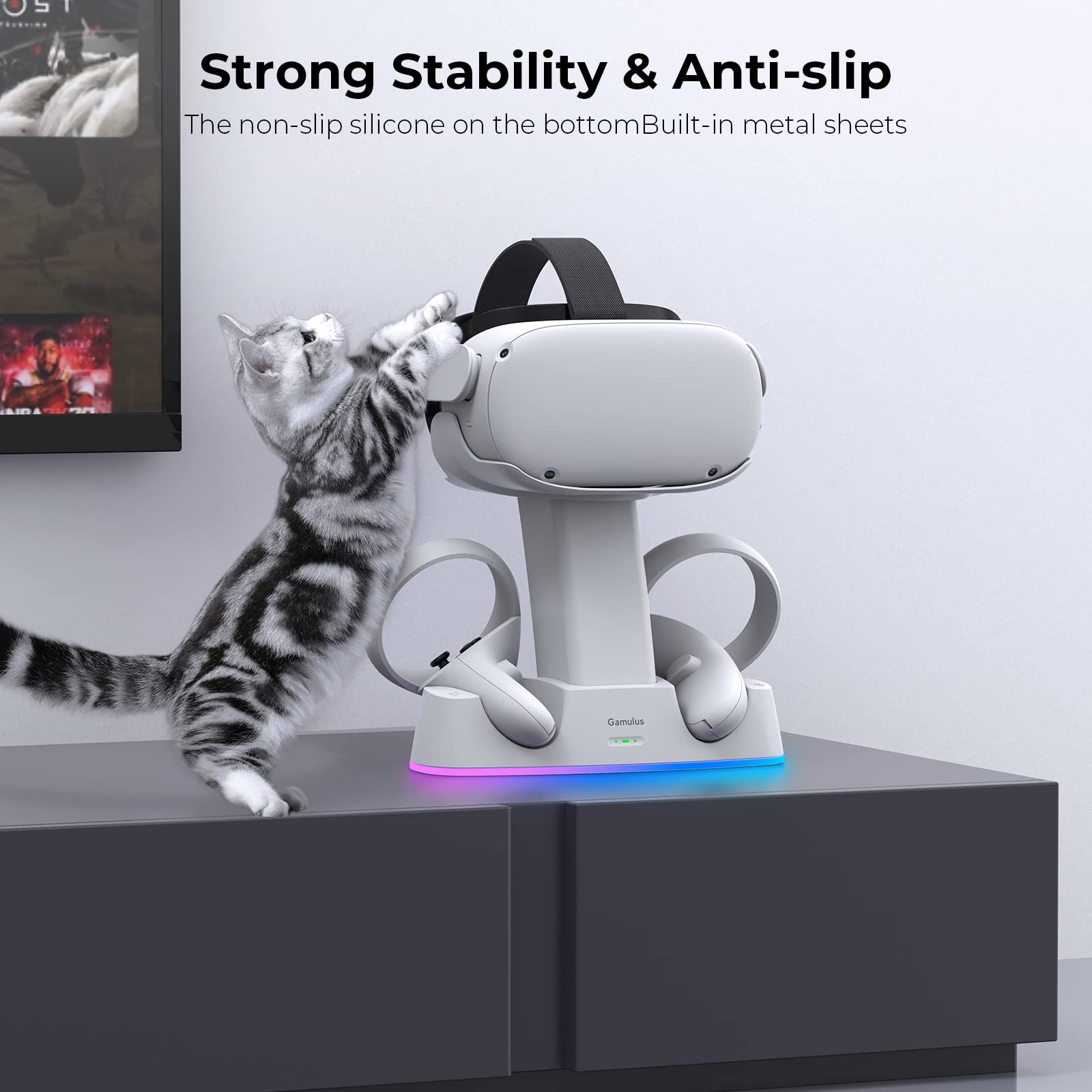 Gamulus RGB Charging Dock for Meta Quest 2, Support Elite Strap with Battery and Controller with Grips, Headset & Controllers Magnetic Charging Station Stand w/ 2200mah Batteries, 7 Lighting Modes