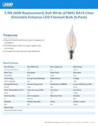 Feit Electric 60-Watt Equivalent CA10 LED Light Bulb, Dimmable Enhance Glass Candelabra Filament, 500 Lumens, 13 Yrs. Lifetime, 2700K Soft White, 6-Pack - CFC60/927CA/FIL/6