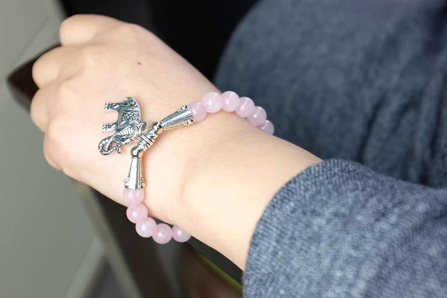 Falari Elephant Lucky Charm Natural Stone Bracelet Rose Quartz B2448-RQ