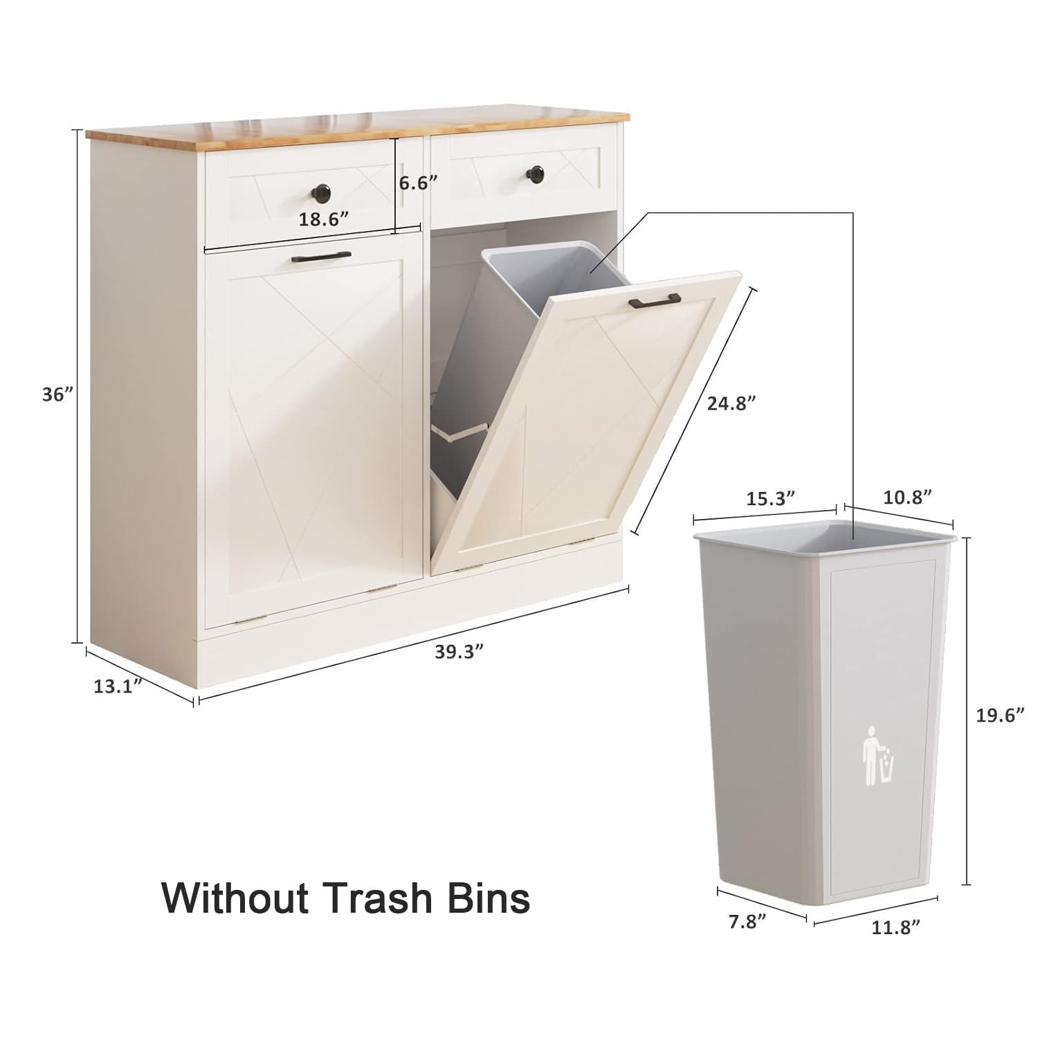 Vabches Trash Cabinet Double Trash Can, Dog Proof Tilt Out Trash Bin Holder, Hideaway Free Standing Recycling Cabinet with 2 Drawers for Kitchen Living Room White