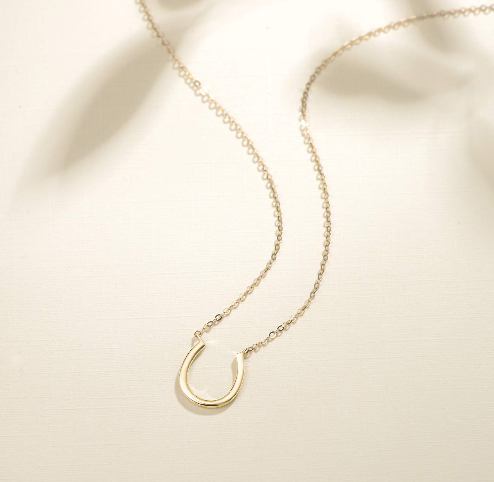 FANCIME 14K Real Solid Gold Horseshoe U Shape Pendant Necklace Fine Jewelry for Women 16+2 inch Extender