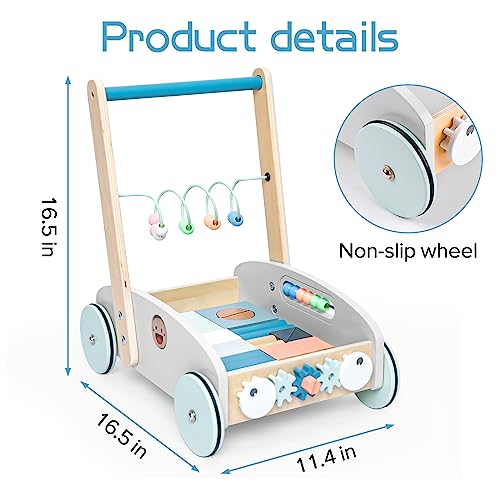 Wooden Baby Walker, Push Toys for Babies Learning to Walk,Shopping Cart for Kids Garden Wagon and Play Set with Abacus Blocks Push and Pull Learning Walking Educational Gift for Toddler Boy Gir 2 3