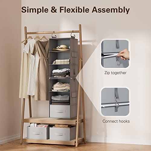 Pipishell 6-Shelf Hanging Closet Organizer, Closet Hanging Shelves with 2 Separable 3-Tier Shelves, Closet Storage Organizer with 3 Removable Drawers for Bedroom, Dorm Room, Camper and Nursery