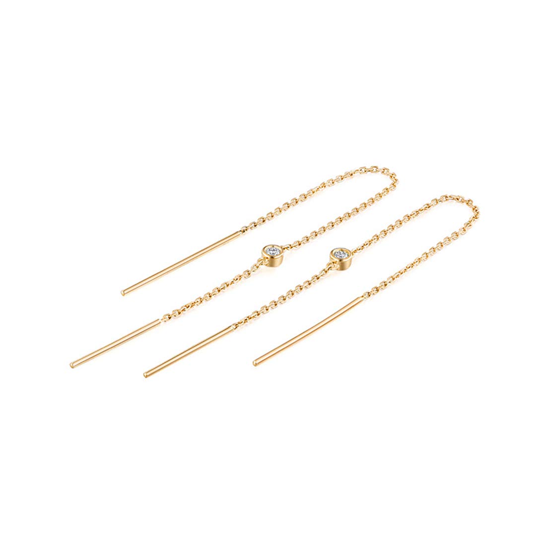 FANCIME 14K Real Solid Yellow Gold Threader Earrings with 0.03ct Diamonds Minimalism Long Chain Earrings Hypoallergenic Earrings Fine Jewelry for Women