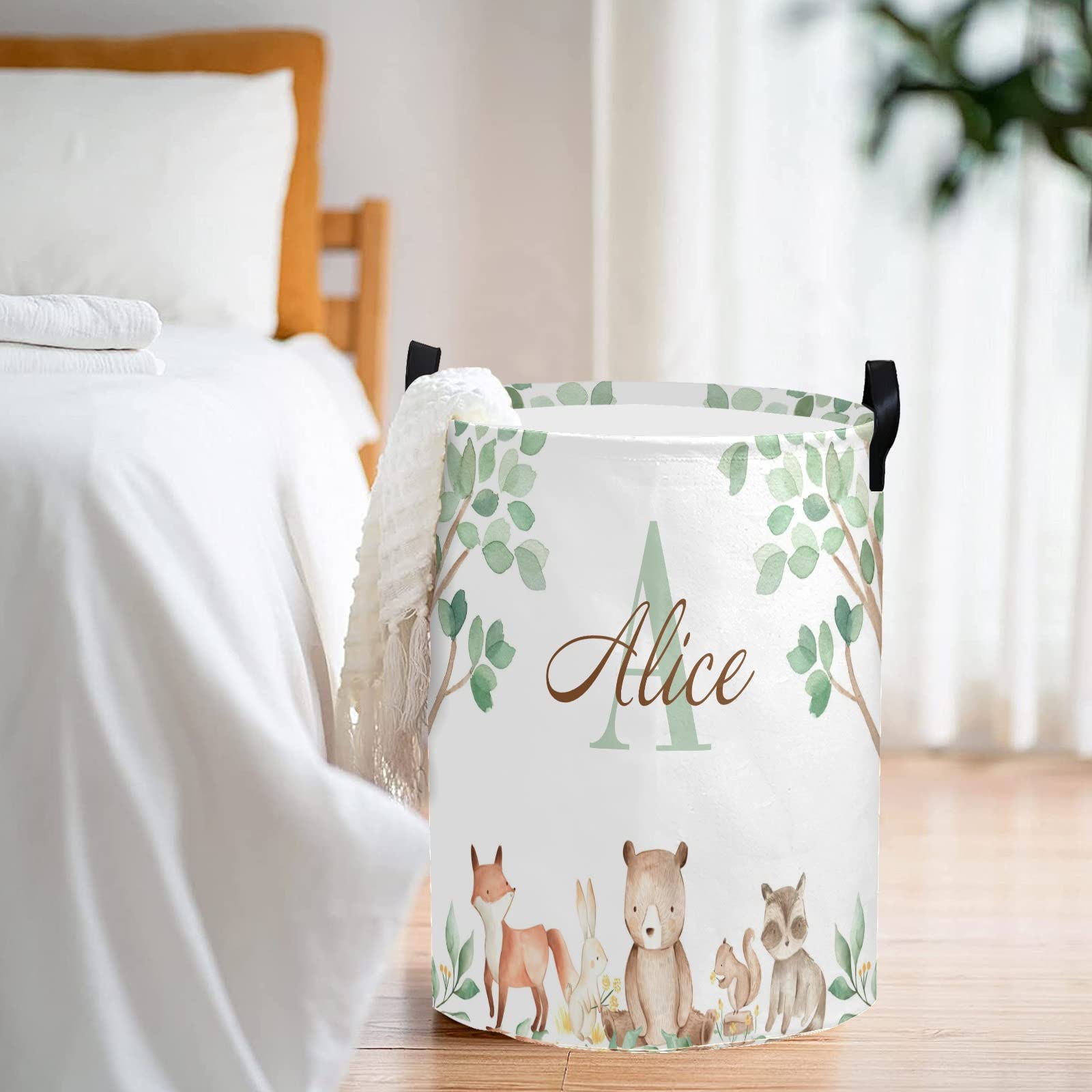 Laundry Basket Customized Name Organizer Storage Round Baskets Foldable Laundry Hamper with Handle for Nursery Bedroom Decor (Green Tree Animals)