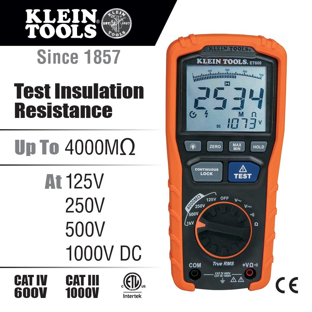 Klein Tools ET600 Multimeter, Megohmmeter Insulation Tester, 4000 Ohms Resistance, 125V/250V/500V/1000V & 69411 Circuit Breaker Finder Accessory Kit, Circuit Breaker Leads, Circuit Breaker Adapters
