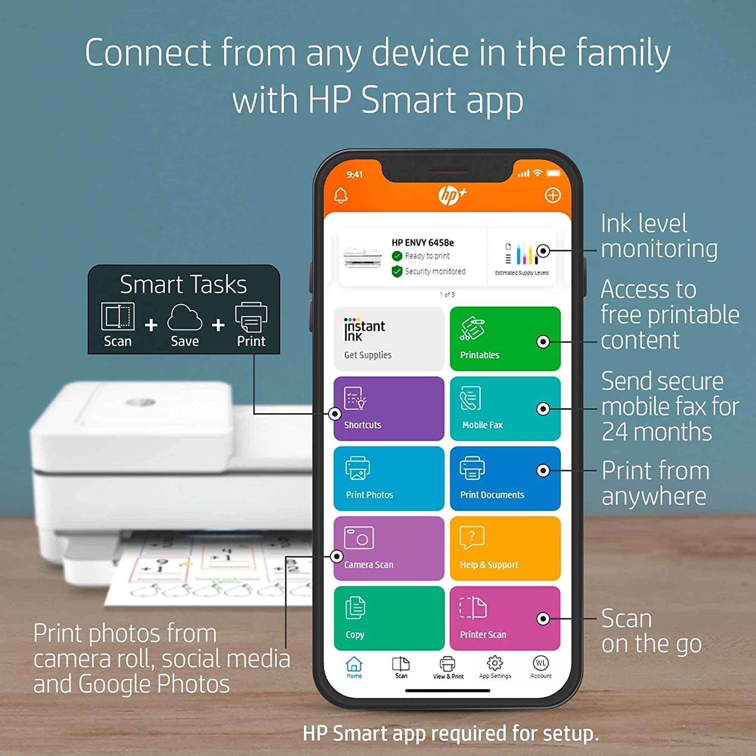 HP Envy 6458e All-in-One Wireless Color Inkjet Printer,Home Office,Print Scan Copy - 10 ppm,4800 x 1200 dpi,Auto 2-Sided Printing,35-Sheet ADF,Instant Ink Ready,Silmarils Printer Cable,White