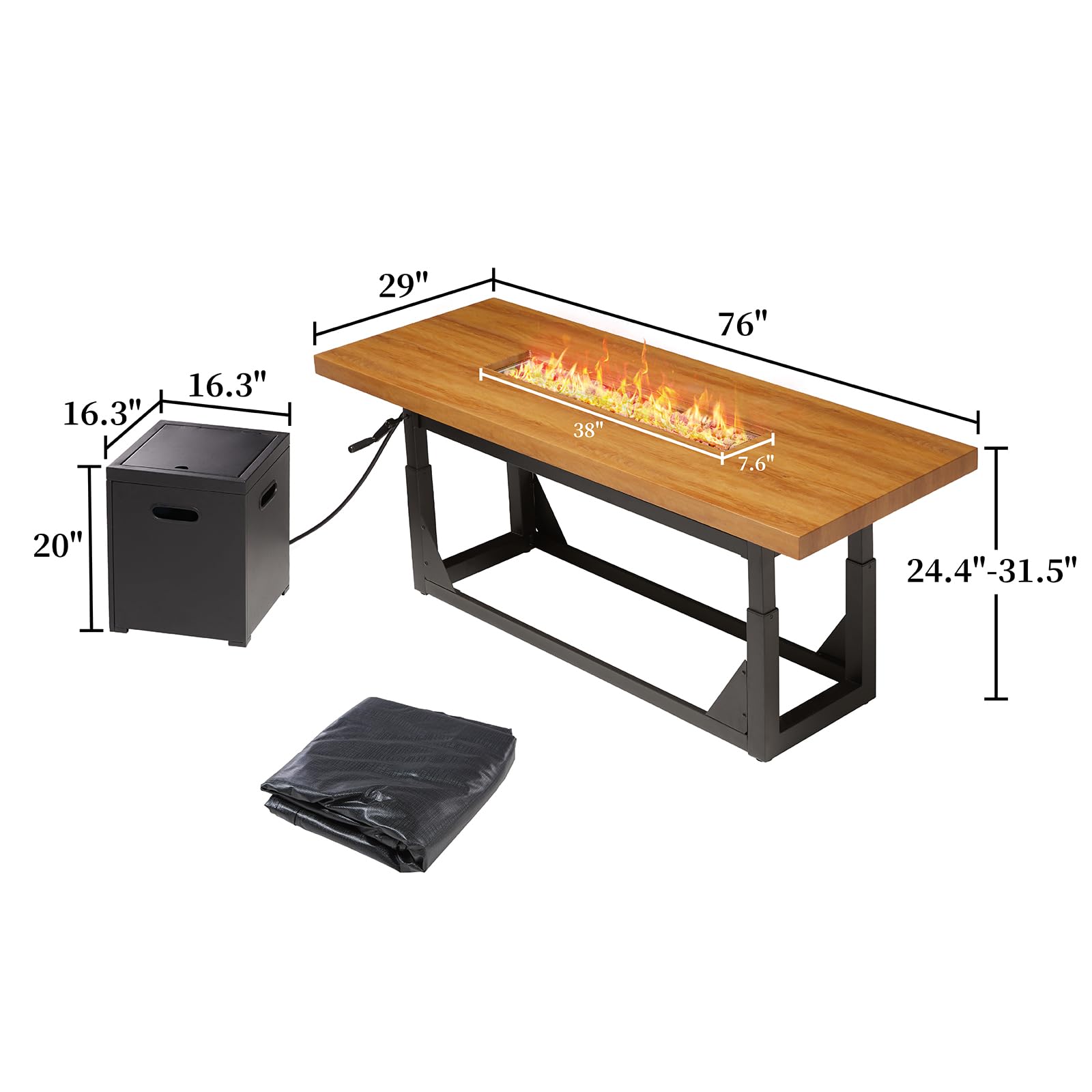 fissfire 76 inch Height-Adjustable Propane Fire Pit Table, 50,000 BTU Rectangle Steel Gas Fire Pit with Separate Propane Tank Cover, Lava Rock, Lid, Waterproof Cover for Patio and Garden, Brown