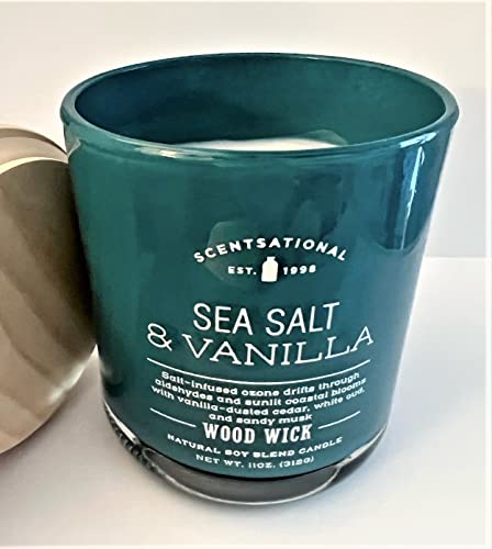 Natural Soy Wax Blend Scented Candle SEA Salt + Vanilla Glossy Teal Jar with Wooden Wick, 11 Oz., Medium