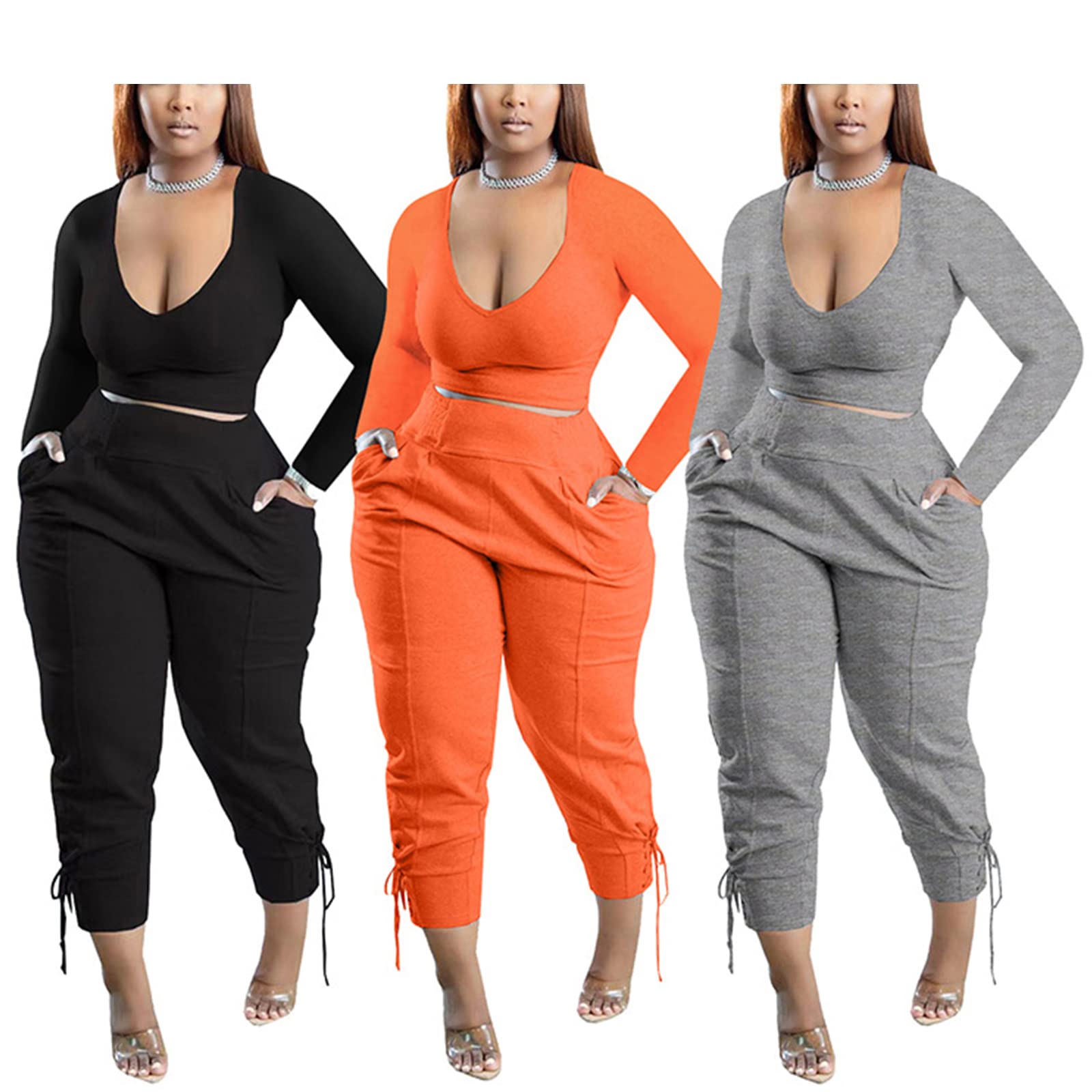 IyMoo Women Plus Size 2 Piece Sweatsuit Outfits Long Sleeve V Neck Crop Top + High Waisted Leggings Jogger Set Orange 3X