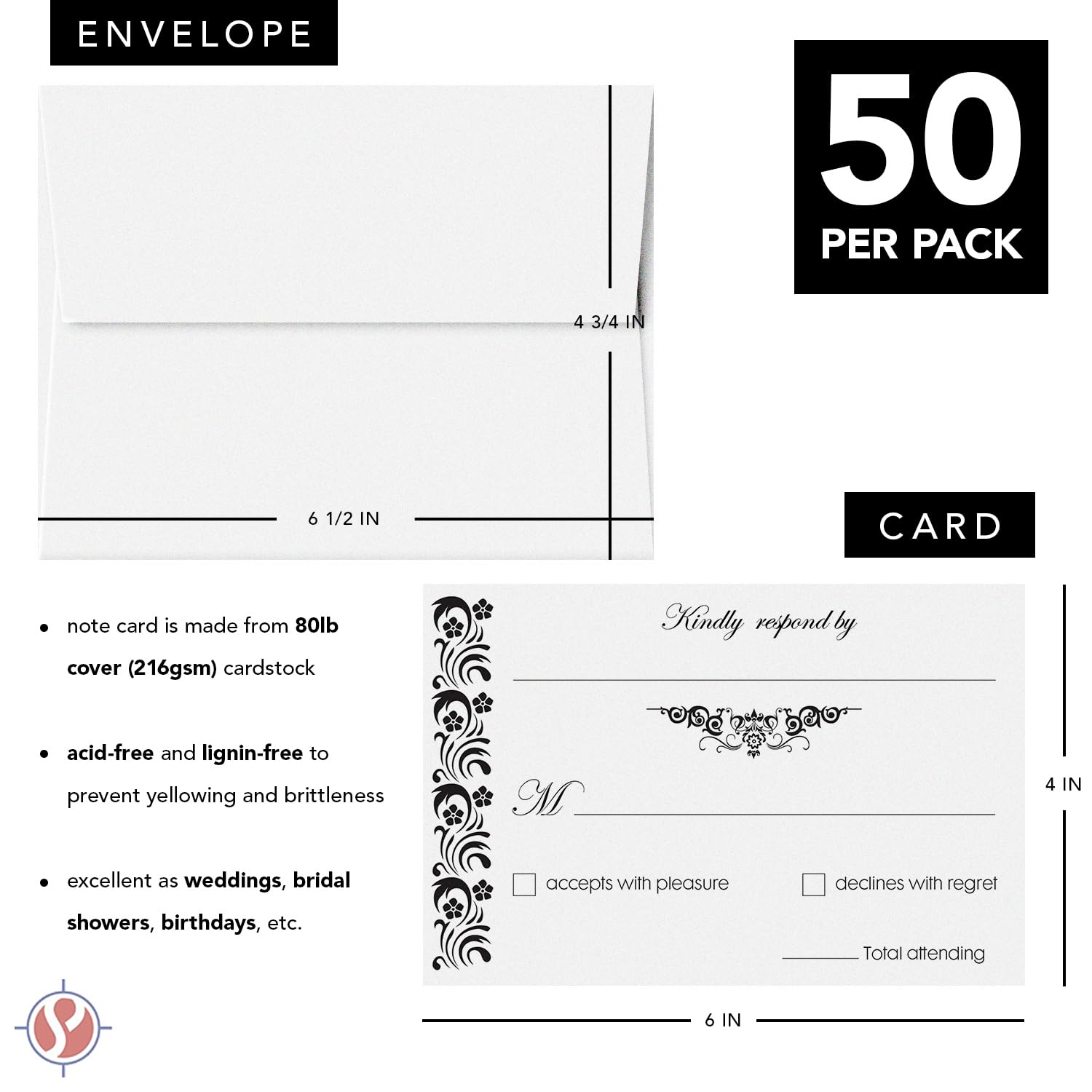 RSVP Wedding Return 4" x 6" Cards and Envelopes – Blank Reply Response Card for Weddings, Rehearsal Dinners, Baby and Bridal Showers, Birthdays, Engagements, Bachelorette Parties – 50 per Pack