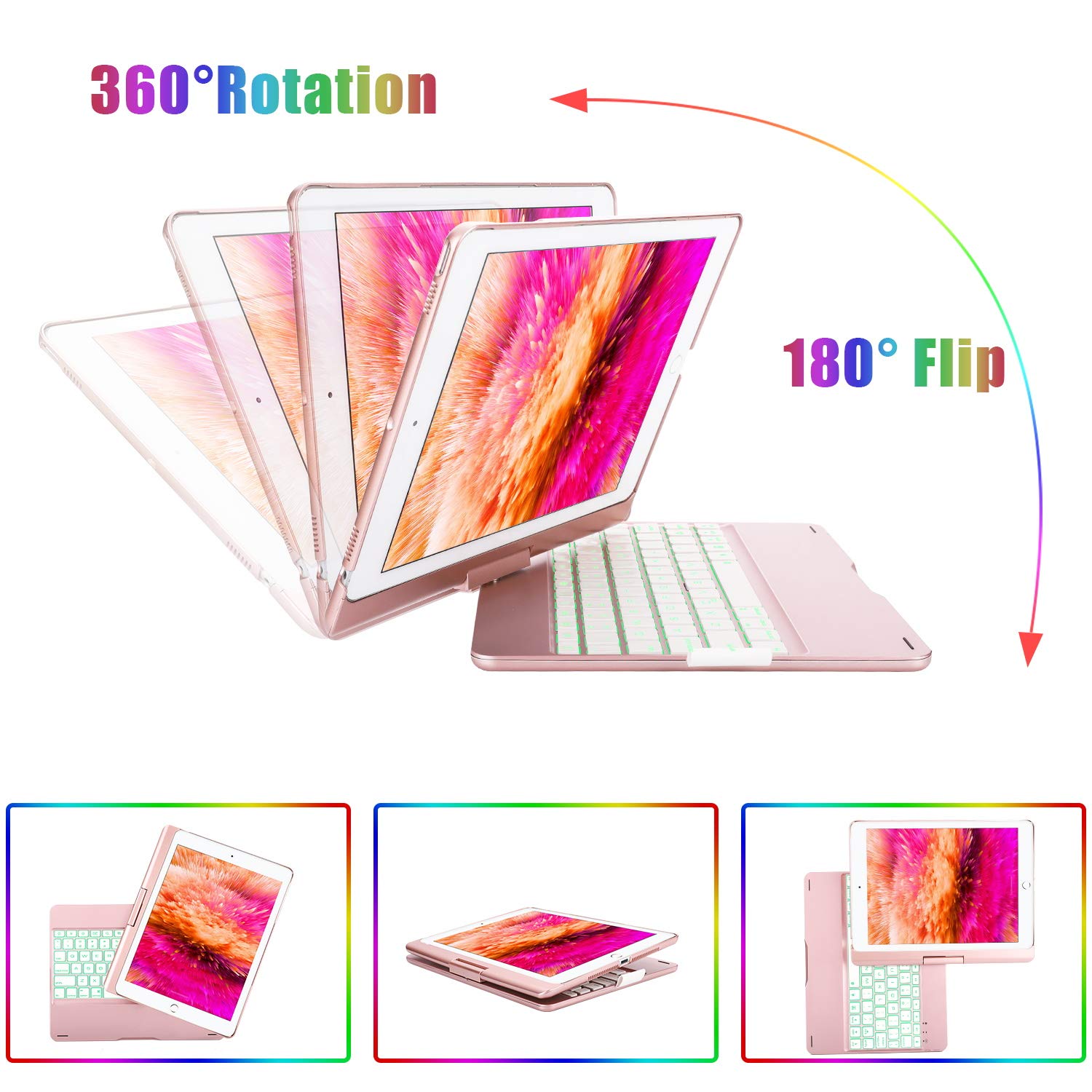 iPad Keyboard Case 9.7 for iPad 2018 (6th Gen) - 2017 (5th Gen) - iPad Pro 9.7- iPad Air 2/Air 1 - Backlit 10 Colors Light - Wireless Keyboards Auto Sleep/Wake iPad Case with Keyboard - Rose Gold