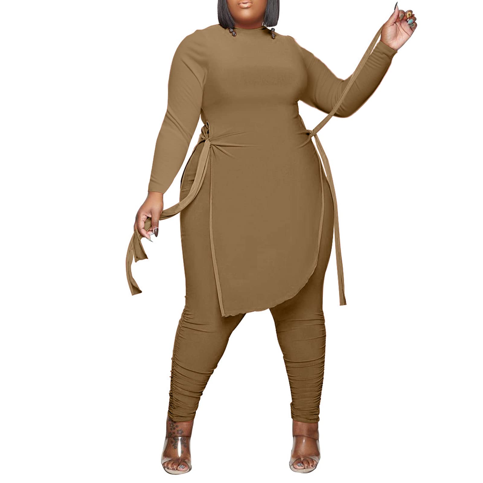 IyMoo Womens Plus Size 2 Piece Outfits - Long Sleeve Irregular Hem Top High Wiasted Pants Workout Set Sweatsuit Khaki XL