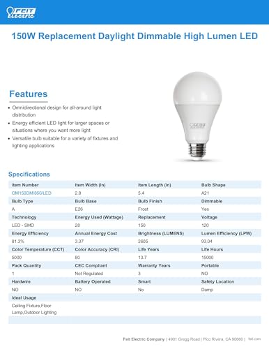 Feit Electric A21 LED Light Bulb, 150W Equivalent, Dimmable, 2605 Lumens, E26 Standard Base, 5000K Daylight, 80 CRI, High Output LED Light Bulb, Damp Rated, 15,000-Hour Lifetime, OM150DM/850/LED