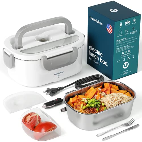 TRAVELISIMO Electric Lunch Box 60W, 3 in 1 Ultra Quick Portable Food Warmer 12/24/110V, Heated Lunch Boxes for Adults Leakproof, SS Container, Luncheaze Heater for Car Truck Work, Loncheras Electricas