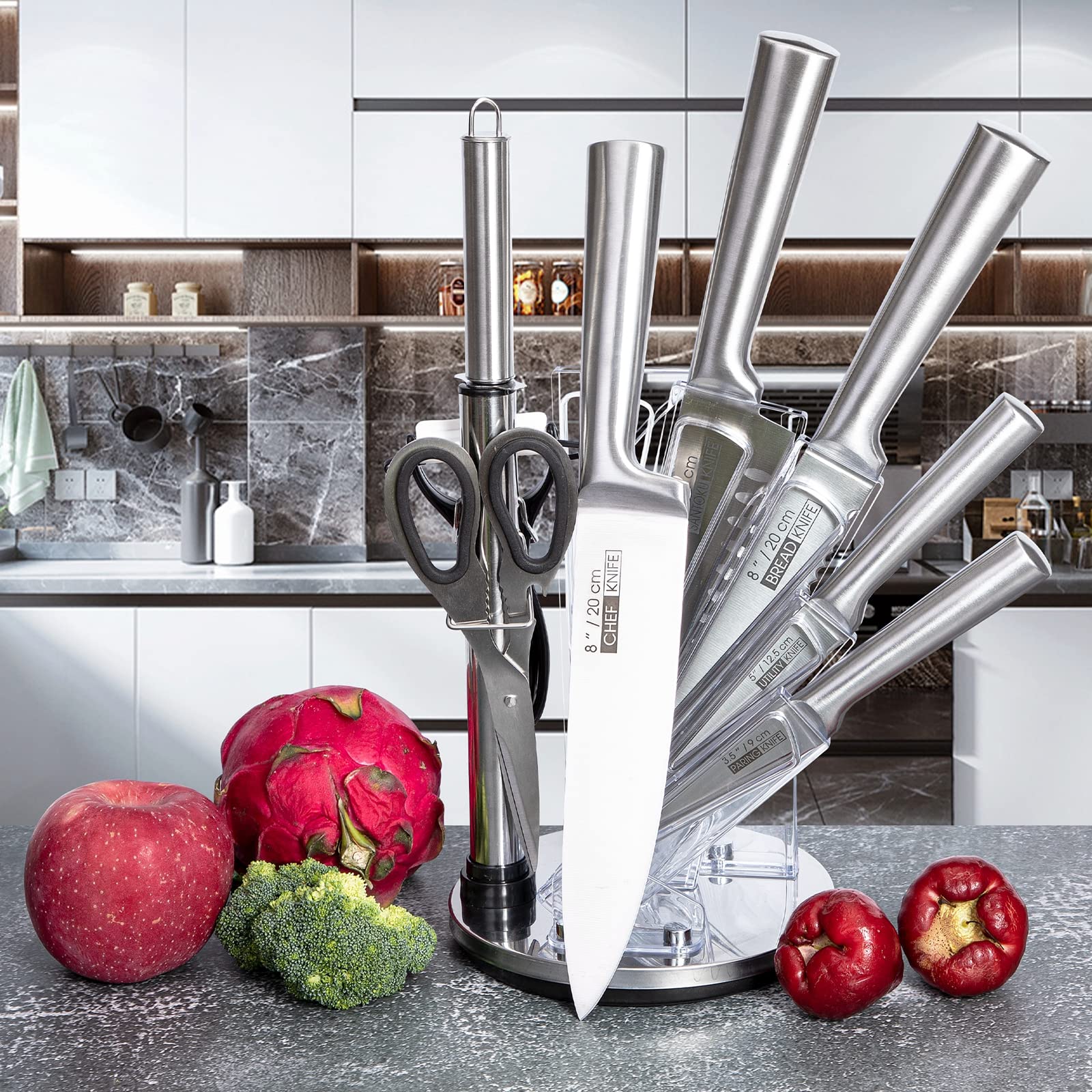 Knife Set, Professional Stainless Steel Chef Knife Set of 9 with Rotatable Acrylic Stand for Kitchen, Ergonomic Ultra Sharp Non-Stick Kitchen Knife set with Gift Box for Women Gifts (Silver)