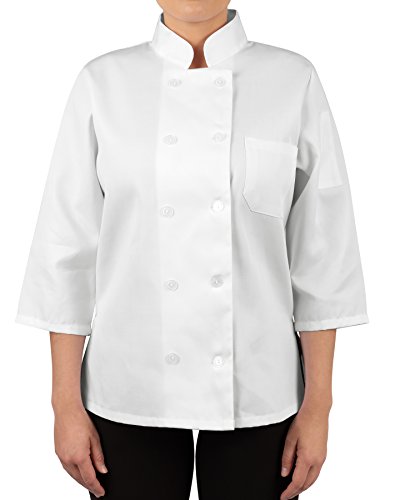 KNG 3/4 Sleeve White Chef Coat for Women - Ladies Fitted Chefs Jacket - M