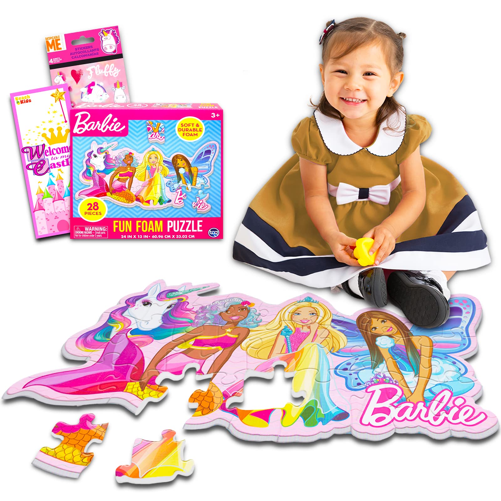 Hasbro Shop Barbie Floor Puzzle for Kids, Girls - Bundle with 28 Pc Barbie and Friends Foam Puzzle Plus Unicorn Stickers and More (Barbie Toys and Games for Toddlers)