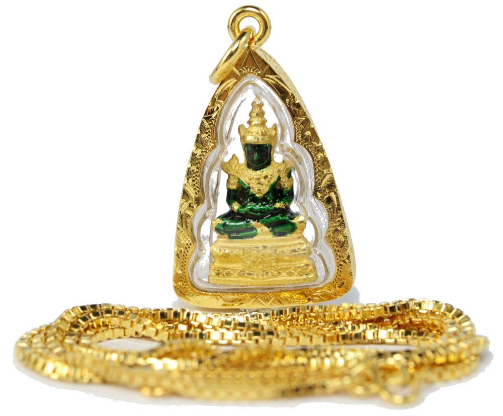 Famous Thai "Emerald" Buddha Amulet Pendant 24k Gold Plated + 18" Chain Necklace