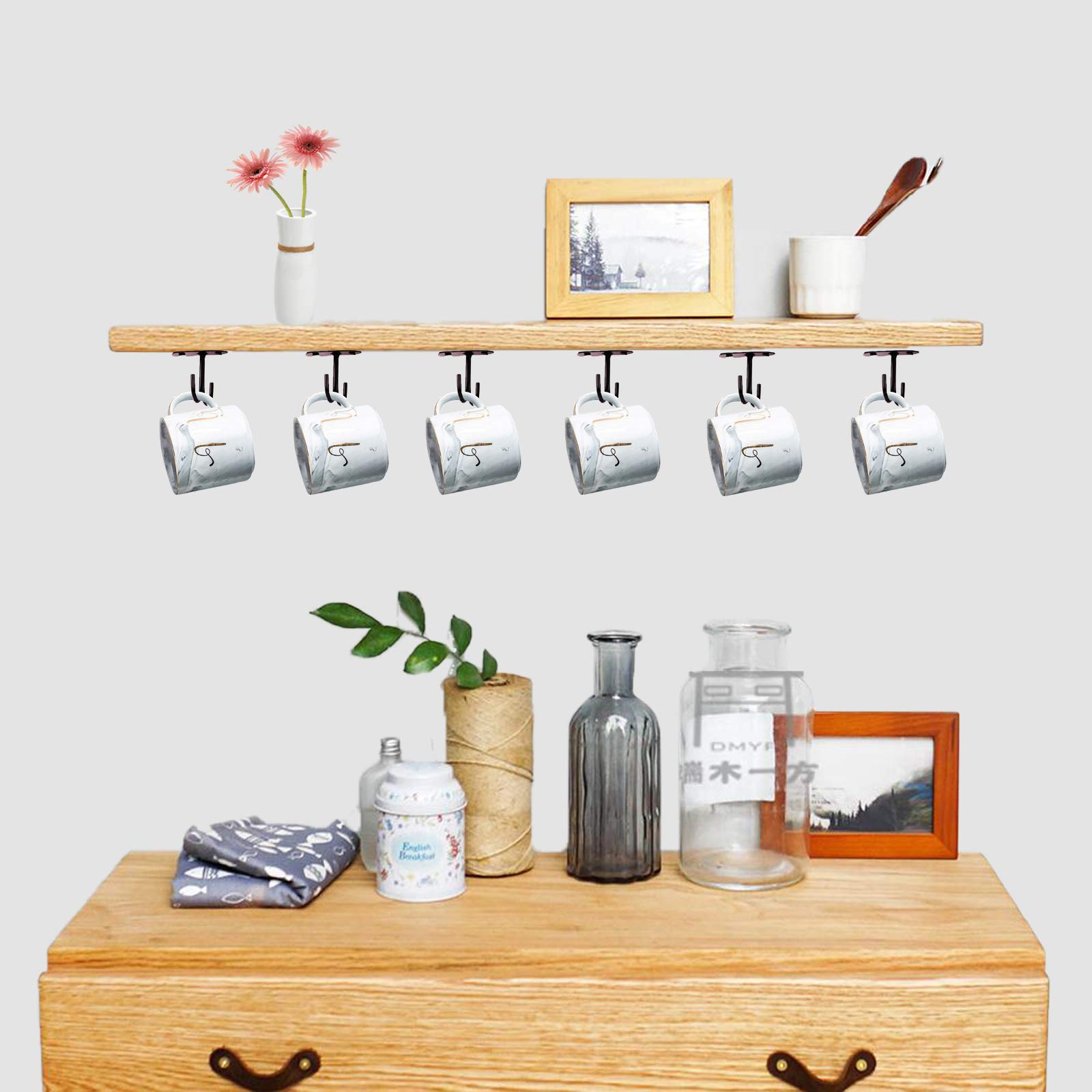 HOMOKUS 6 PCS Mug Holder with 12 Mug Hooks, Coffee Cup Hooks, Under Cabinet Coffee Mug Hooks, for Mug, Coffee Cup, Color: Black