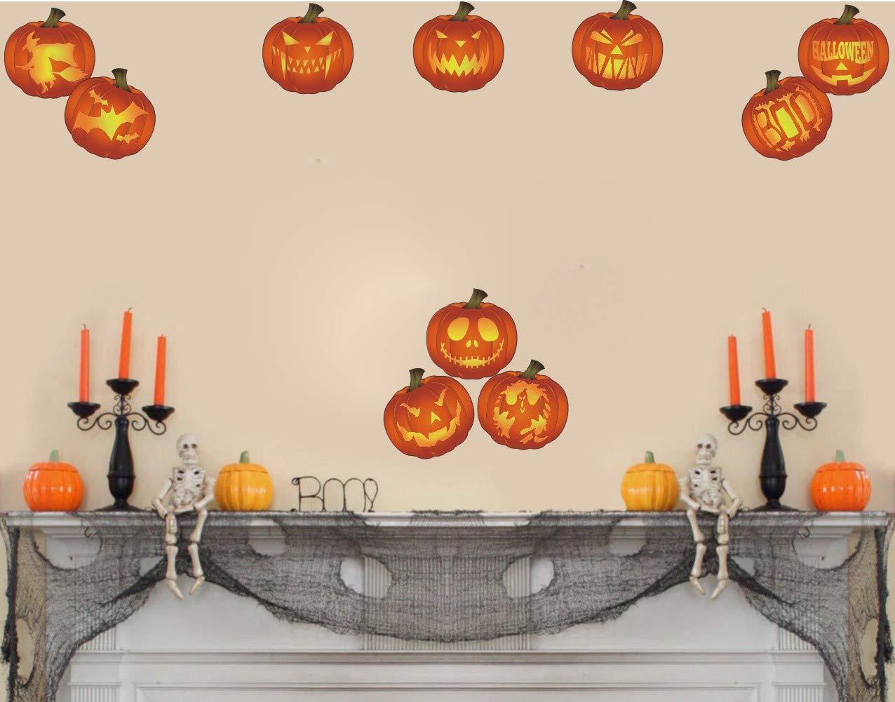 TOARTi Halloween Pumpkin Decal Set of 10, Creative Pumpkin Face Stickers for Home Decor, Halloween Party Theme Kitchen Wall Art Murals, Thanksgiving Party Decoration,Orange