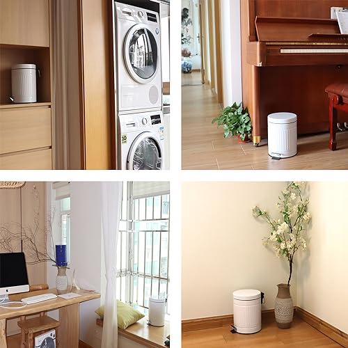 OCTMUSTARD 5 L Round Step Pet Trash with Lid,Mini Metal Pedal Bin,Small Garbage Can Wastebasket for Home,Car or Office,White