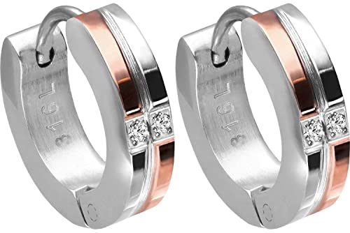 FILANGO surgical steel 316L hoop earrings with ROSEGOLD-COLORED STRIPS + 2 CRYSTALS