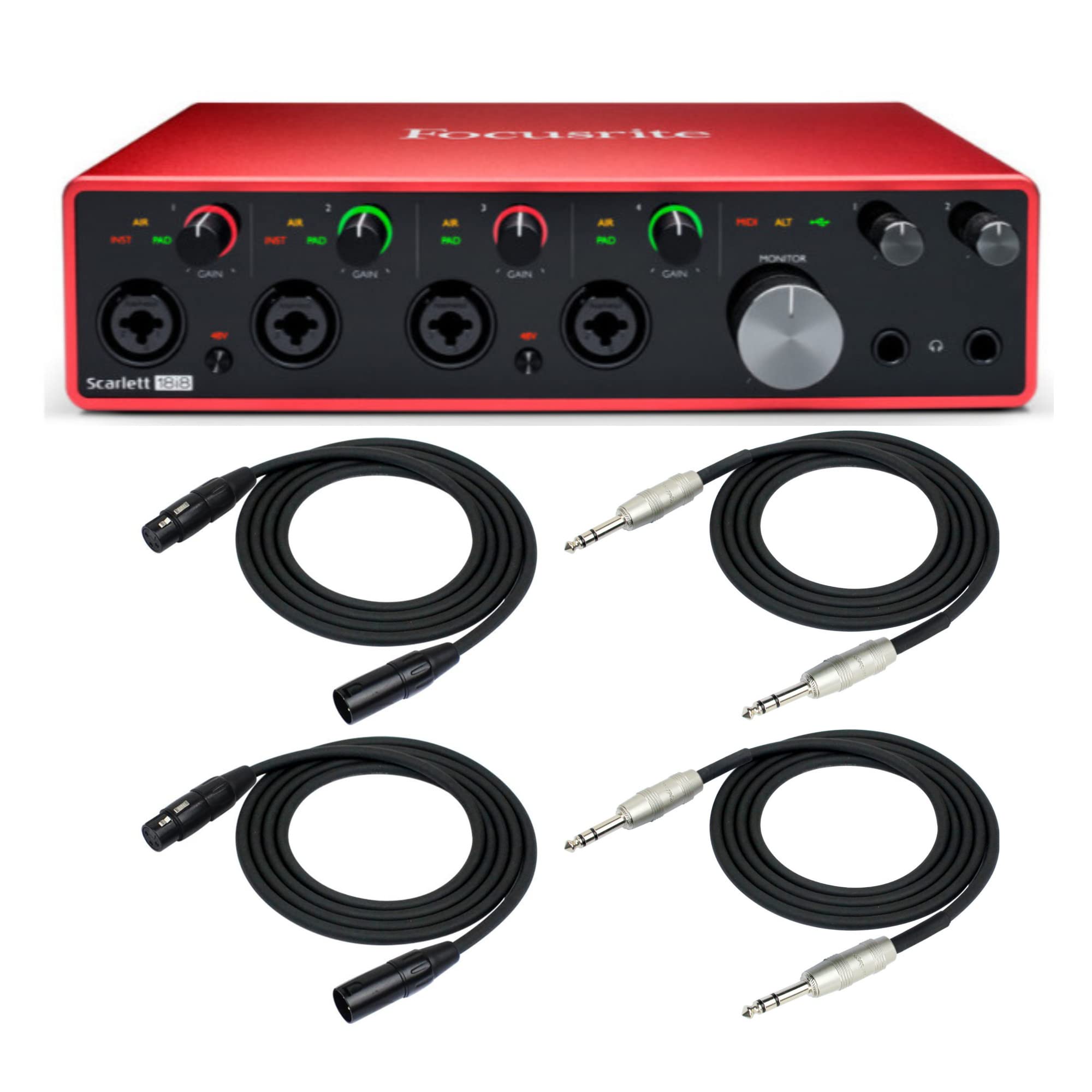 Focusrite Scarlett 18i8 3rd Gen 18x8 USB Audio Interface Bundle with 2 Knox Gear 25 ft. XLR Cables and 2 1/4-Inch TRS Cables (5 Items)